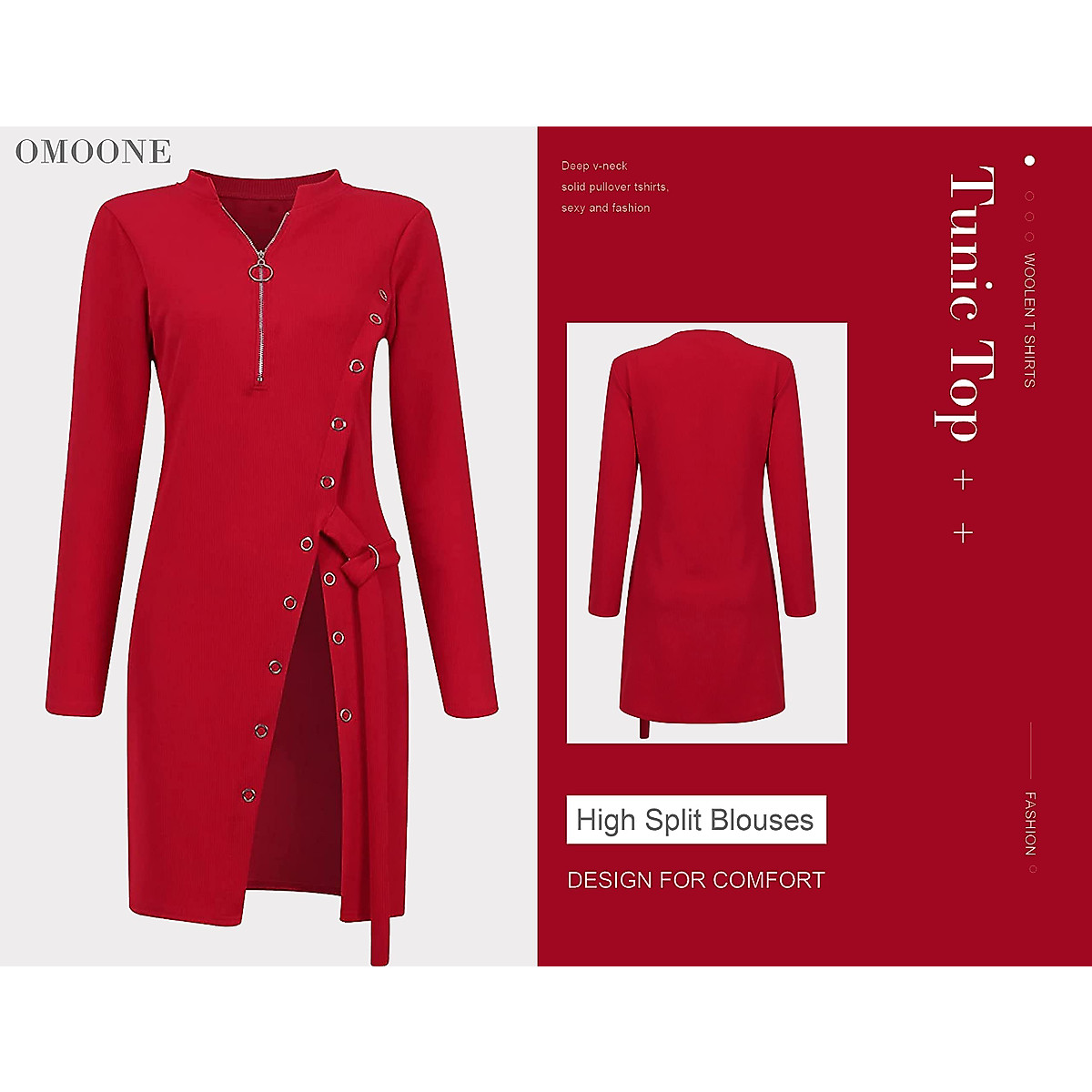 Omoone Women's Sexy Vneck Tshirts Tops Half Zip Long Sleeve Sweater Dress High Split Shirt Blouses Knitted Pullover Top (2868-Red-XL)