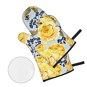 KLATIE Yellow Rose Oven Mitts and Pot Holders Set, Waterproof Heat Resistant Oven Gloves Hot Pads, Oven Mits Potholders for Kitchen Cooking BBQ Baking Grillin, 4-Piece Set