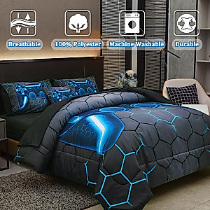 Tasselily Game Console Blue Comforter Set with Sheets, 6 Pcs Bed in A Bag Geometric Lightweight Boys Full Size Bedding Set for Kids Teens