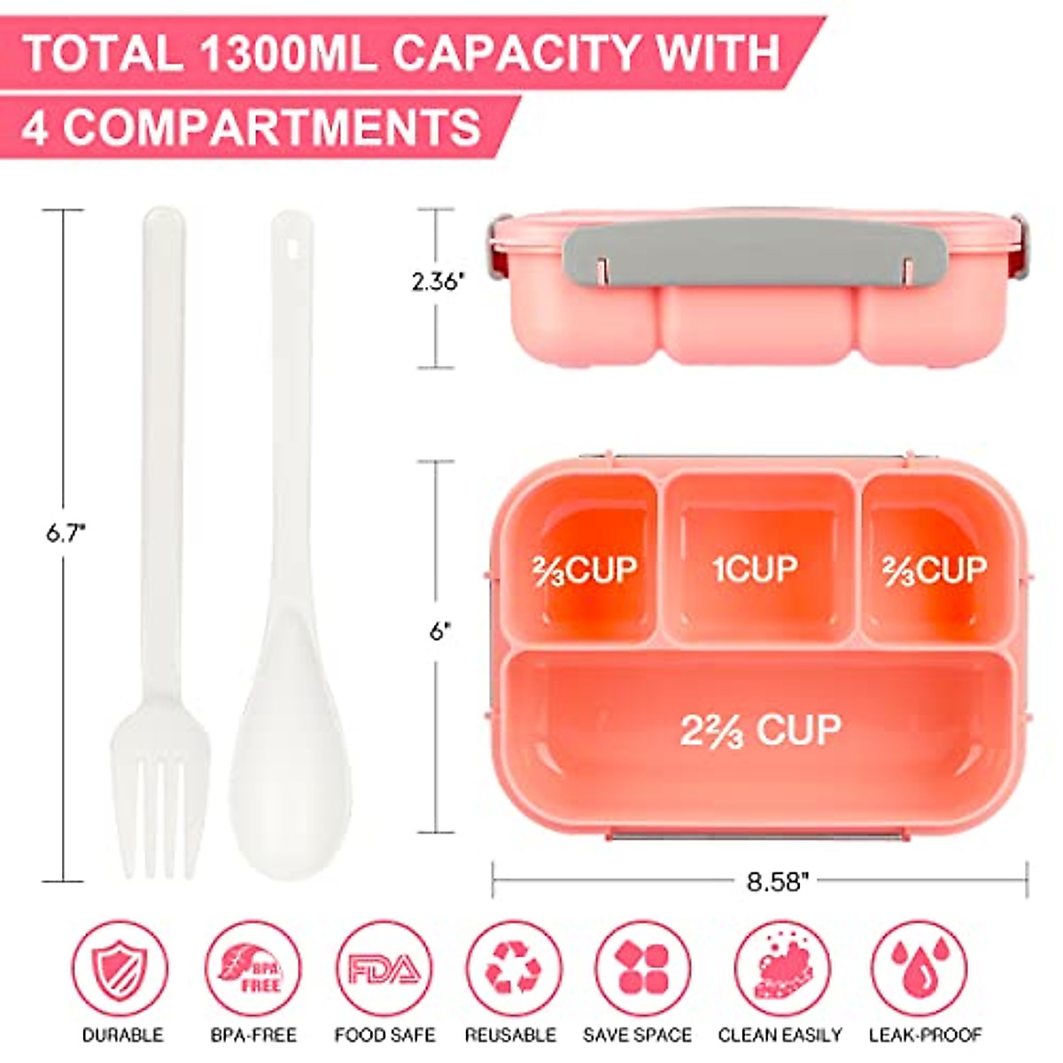 XIANKE 27Pcs Bento Box Lunch Box Kit, 1300ML Lunch Container for Kids/Adults, Durable Leak-proof Box 4 Compartments with Spoon Fork Bag Accessories, Microwave Dishwasher Freezer Safe,BPA-Free