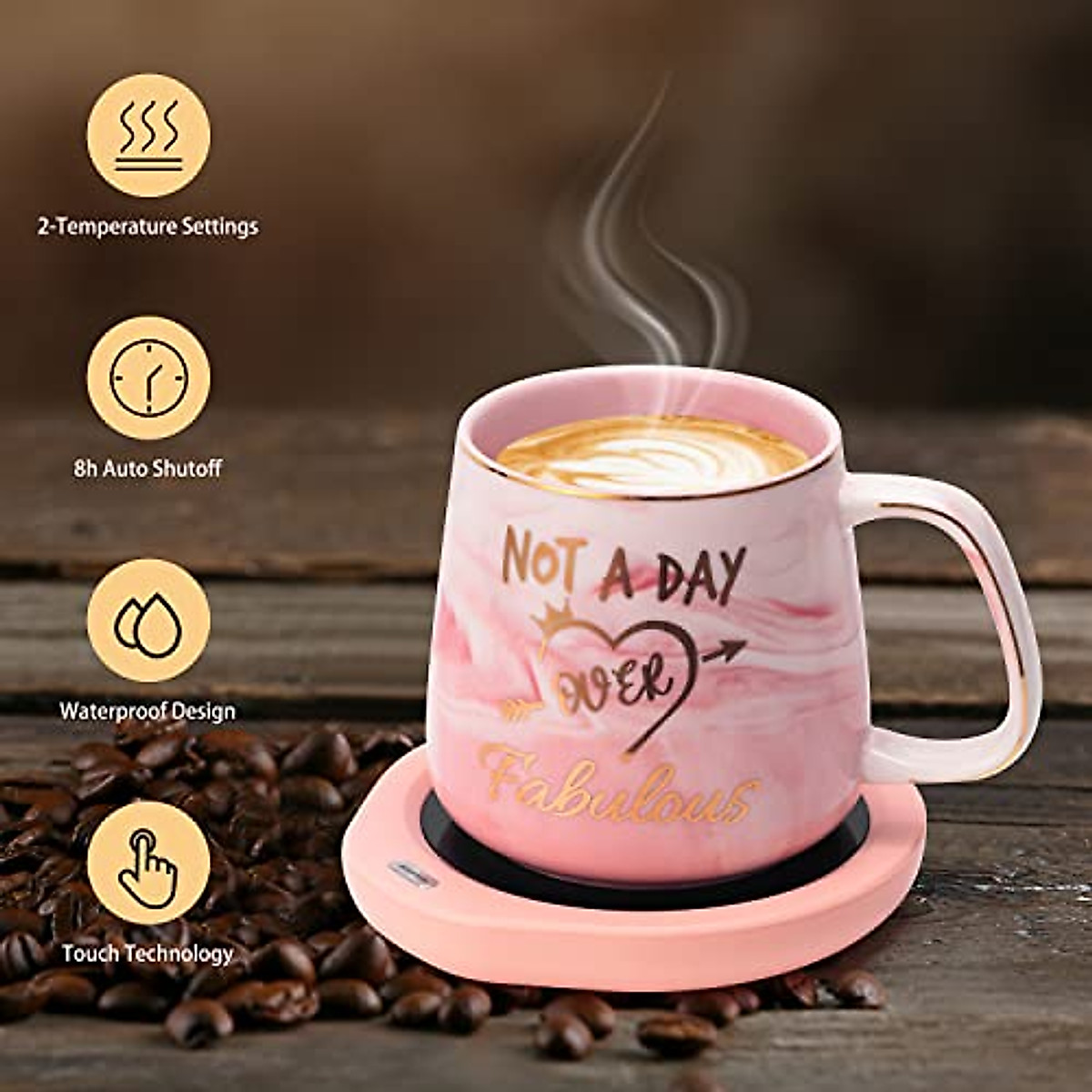Coffee Mug Warmer & Not A Day Mug Set, Electric Cup Warmer for Desk Office Home, Beverage Warmer with 2 Temperature Setting, 8-Hours Auto Shut Off, Best Birthday Gift Ideas for Women