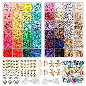 Quefe 5000pcs Clay Heishi Beads for Bracelet Jewelry Making, Polymer Flat Round Clay Beads Kit with 240pcs Letter Beads, Pendant Charms and Elastic Strings, 36 Colors 6mm