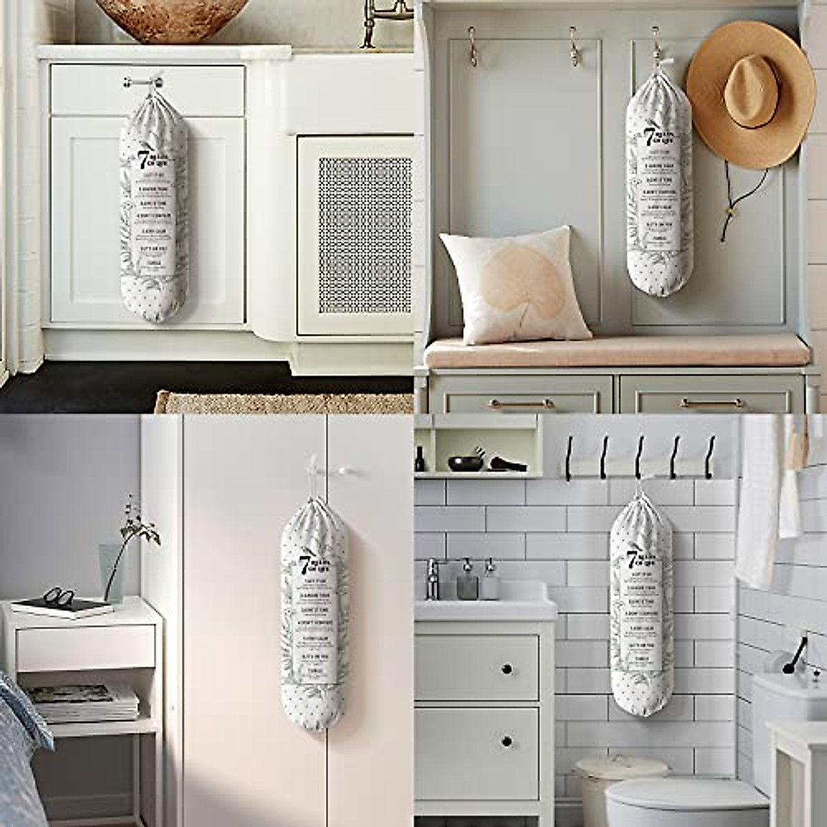 Hglian Inspirational Grocery Plastic Bag Holder Dispenser 7 Rules of Life Plastic Bag Organizer Canvas Shopping Trash bags Storage Container Motivational Quotes farmhouse Kitchen Décor Greenery