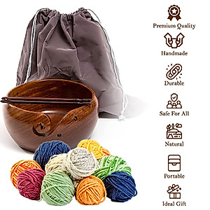 Eunoia Wooden Yarn Bowl Holder | Handmade Knitting Wool Storage Basket with Holes for Knitting, Crocheting, Home & Garden Arts, Crafts & Sewing | Free Wood Crochet Hook & Travel Bag - 8" x 4"