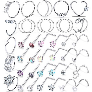 Kridzisw 18g Nose Ring Hoop Stud Piercing Jewelry for Women 316L Stainless Surgical Steel L Shaped Bend Straight Silver Nose Nostril Ring Hoop Stud Pin Bone Earring Piercing Jewelry women Men 8mm 2mm