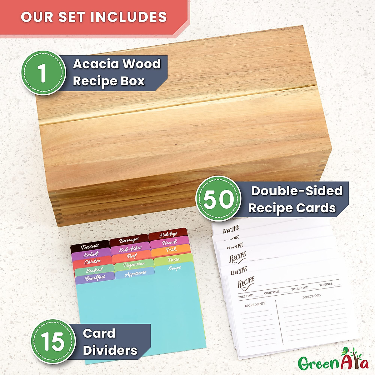 Beautiful Handcrafted Recipe Box of Genuine Acacia Wood - Larger Size Holds 500 4x6 Cards in 2 Rows. Includes 50 Cards, 15 Dividers, Grooved Lid Display. Protected with Mineral Varnish. Ideal Gift
