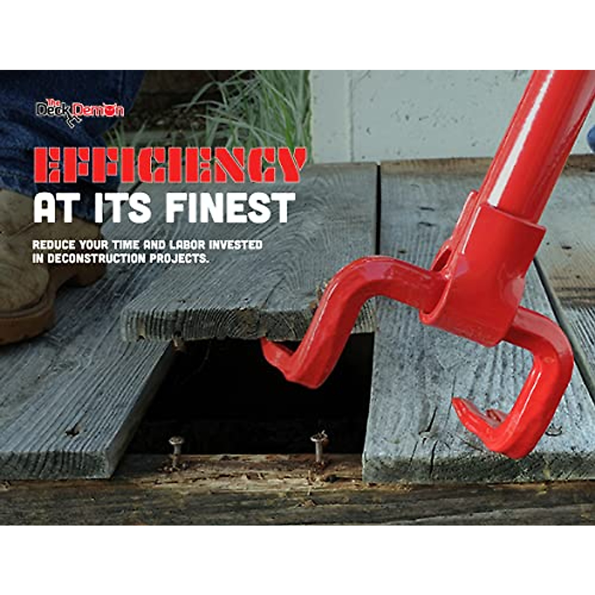 Deck Demon Wrecking Bar - 44 Inch Steel Deck Board Remover Tool - Save Time Removing Old Boards and Breaking Pallets - Heavy Duty, Non-Slip Handle with Dual Claw Head Nail Puller - Red, DD-201