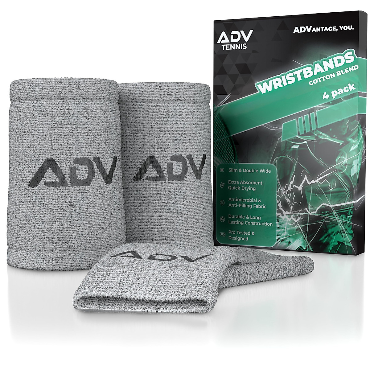 ADV Tennis Wristbands with New Age Polyester Cotton Blend - Ultra Absorbent Wrist Sweatbands - Doublewide & Slim Sweat Bands for Wrists - 4 Pack or 2 Pack (4-Pack Gray)