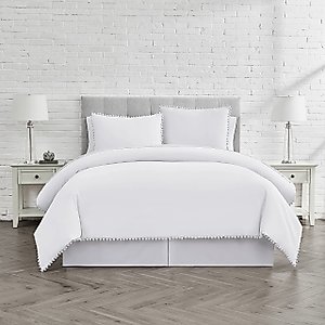 Southshore Fine Living, Inc. Pom Pom Collection - Premium Quality, Soft, Wrinkle, Fade, & Stain Resistant, Pre-Washed, Vintage Look Oversized Duvet Cover Set, King / California King, White