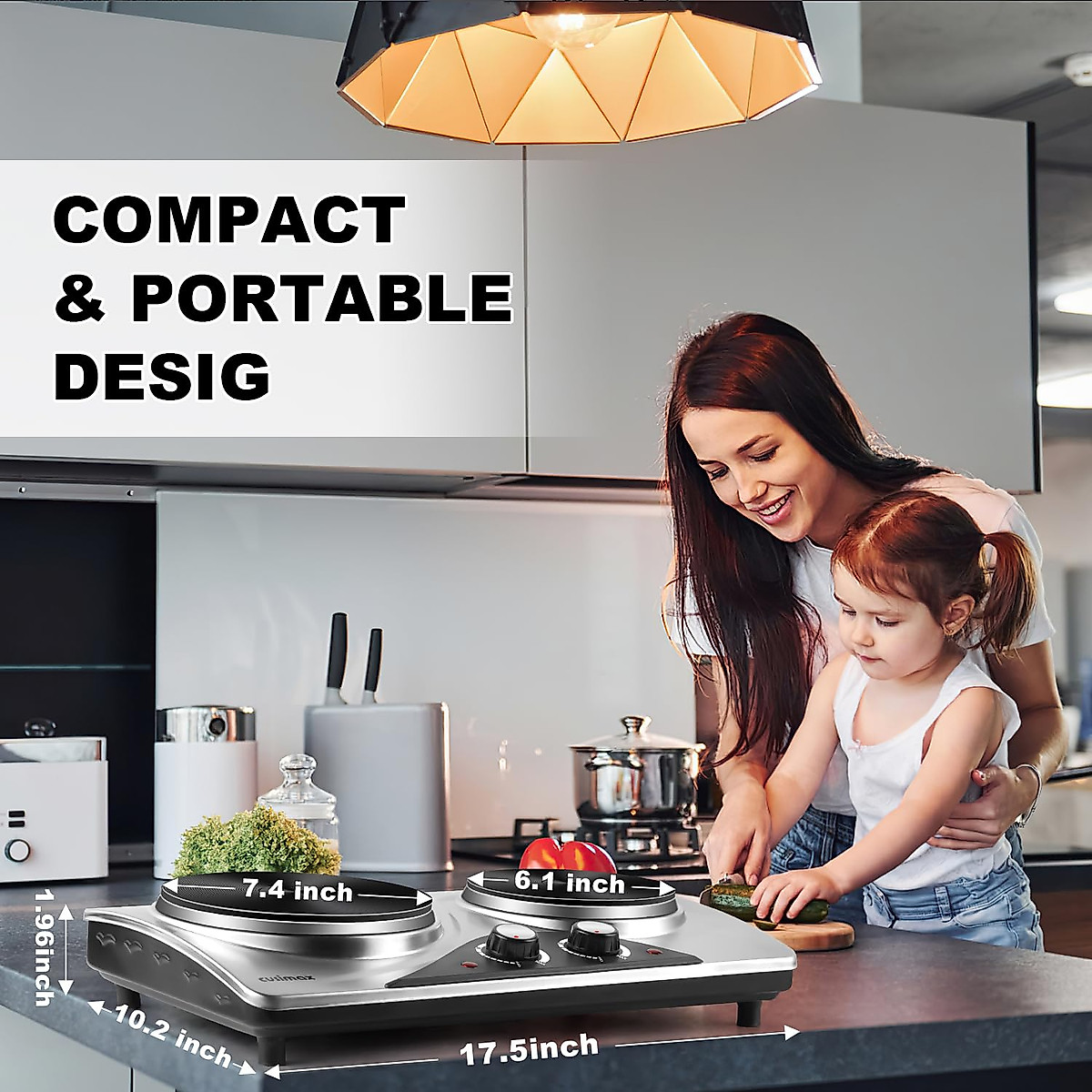 Double Hot Plate, CUSIMAX 1800W Double Burners Portable Electric Stove, Electric Hot Plate for Cooking, Countertop Burner with Dual Adjustable Temperature, Compatible for All Cookwares, Sliver
