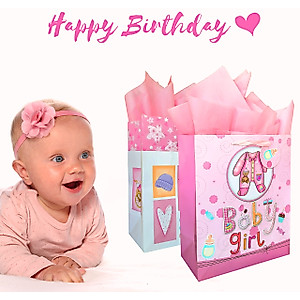 BagLove - Premium (2 Pack) Baby Girl Gift Bags with Tissue Paper - Large Gift Bags Perfect for Baby Showers, New Moms, Birthdays, Gender Reveals and More