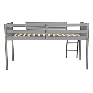 Twin Size Low Loft Bed for Kids,Solid Wood Low Loft Bed with Safety Ladder,Kids Loft Bed Frame Twin Size with Guardrail,Space Saving Loft Bed for Girls Boys (Gray)