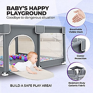 KAIZAAN Baby Playpen, Large Baby Play Yards Featuring Mesh Panels and Baby Gate Playpen, Playpen for Babies and Toddlers, Keep Your Little one Safe & Happy with Our Foldable PlayPin(Gray,50”×50”)