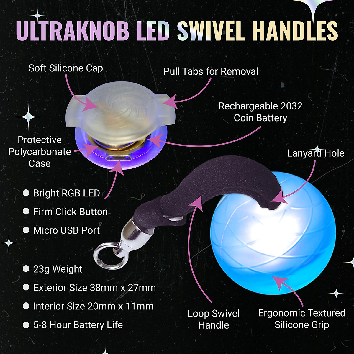 UltraPoi UltraKnob Swivel Handles Set (Pair (2)) - Rechargeable LED Poi Knob Handles - Over 30 Brilliant Rainbow Color Modes & Flashing Patterns - Silicone Knob Set for Poi, Flow Arts & Light Spinning