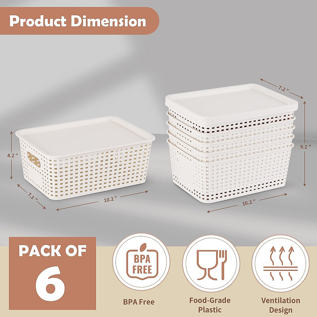 Plastic Storage Baskets With Lid Stackable Home Storage Bins for Organizing Shelves Drawers Desktop Closet, White, 6 packs