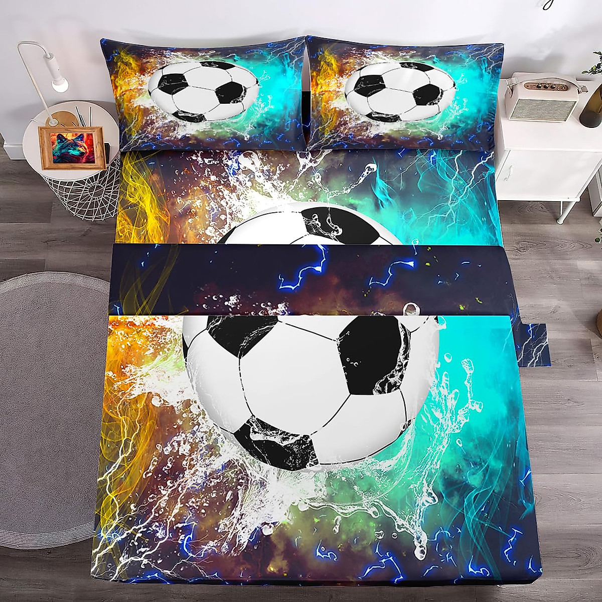 WJLBKGU Soccer Sheets Twin - 3PCS, Sports Bedding Sets for Boys Kids Soccer Bed Sheet, Football Bedding Soccer Sheets Twin Kids Sheets Bed Sheets Set, 1 Flat Sheet + 1 Fitted Sheet + 1 Pillowcases