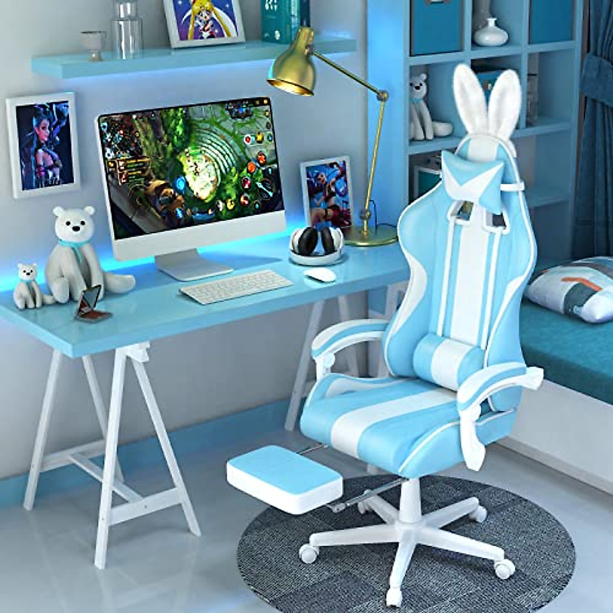 Ferghana Light Blue Gaming Chair with Bunny Ear, Cute Massage Gaming Chairs for Adults & Teens, Office PC Gamer Chair with Footrest, Kawaii Computer Game Chair for Girls, Racing Reclining Silla Gamer