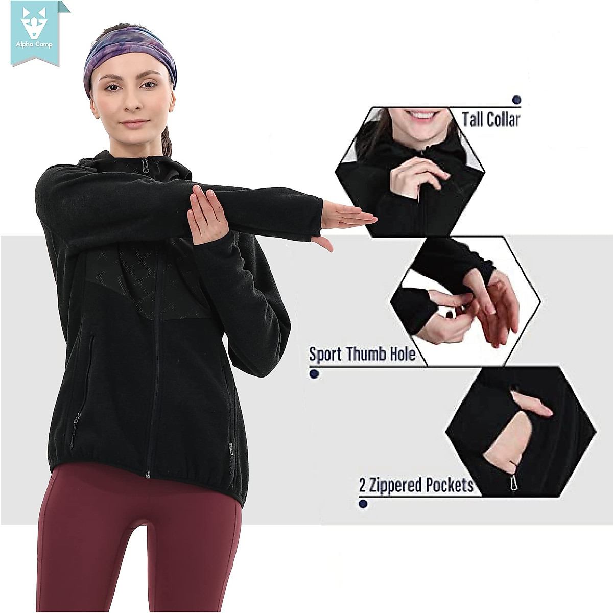 ALPHA CAMP Women's Fleece Jacket Long-Sleeve Hooded Full-Zip Fleece Jackets with Pockets Soft Polar Lightweight Fleece Coat