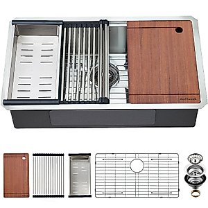 EcoChannels Undermount Kitchen Sink, 33 x 19 Inch Sink Kitchen 16 Gauge Stainless Steel Kitchen Sinks Single Bowl Workstation Sink with Cutting Board