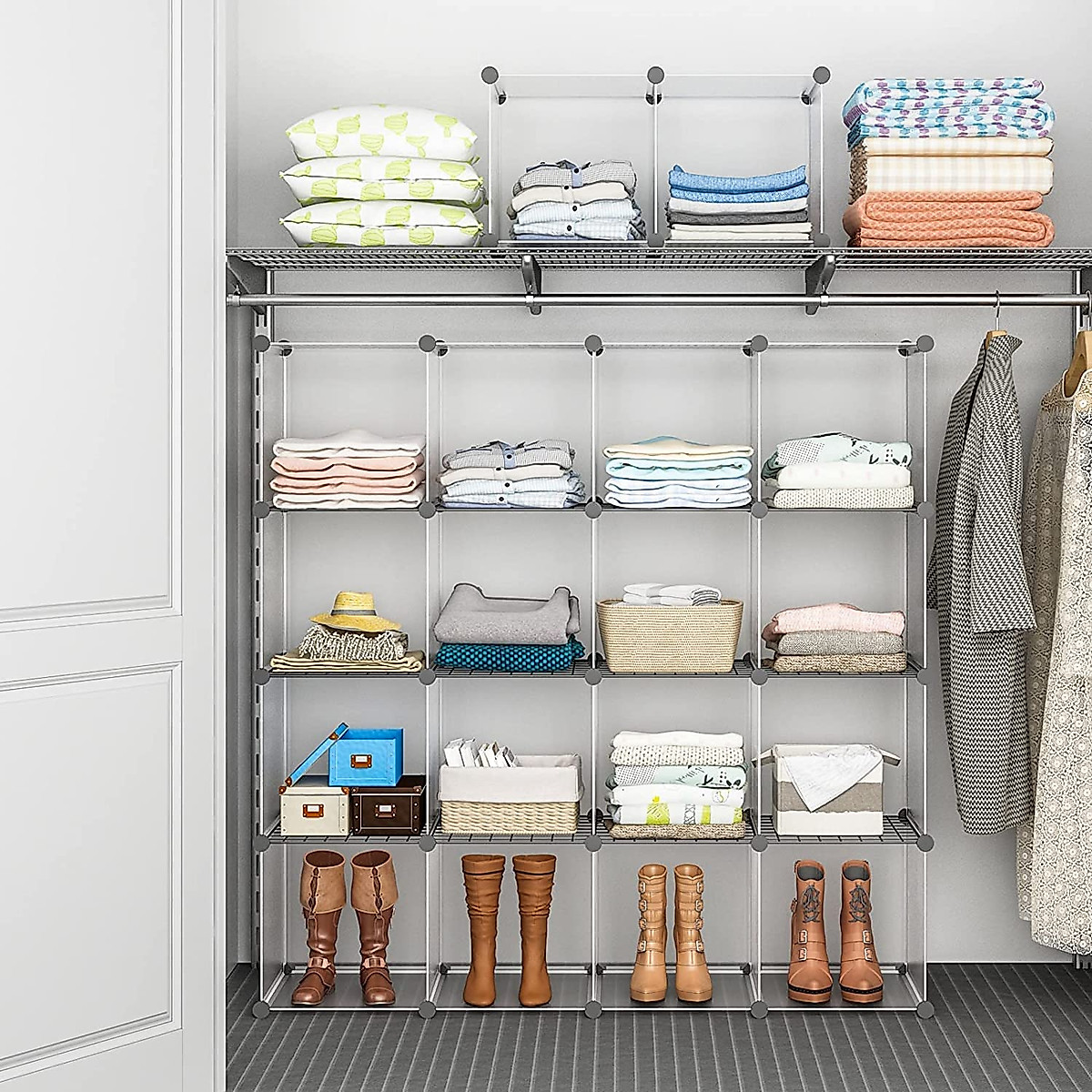 Aeitc Closet Organizer Add Wire Panels Cube Storage Organizer Protable Closet Storage Shelves Cubby Shelving Bookshelf Cube Organizer Storage Cubes, 16 Cubes, White