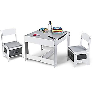BETTARY 3 in 1 Kids Wood Table & Chair Set, Children Activity Table Set w/Storage Drawer, 3 PCS Wooden Furniture Set w/Detachable Blackboard & Activity Center for Toddlers Drawing Reading (Grey)