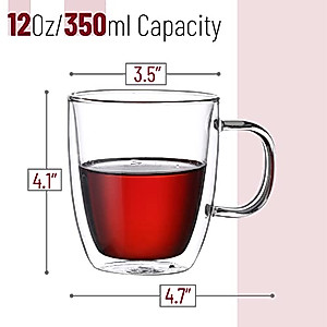 BTaT- Insulated Coffee Mugs, Glass Tea Mugs, Set of 4 (12 oz, 350 ml), Double Wall Glass Coffee Cups, Tea Cups, Latte Cups, Glass Coffee Mug, Beer Glasses, Latte Mug, Clear Mugs