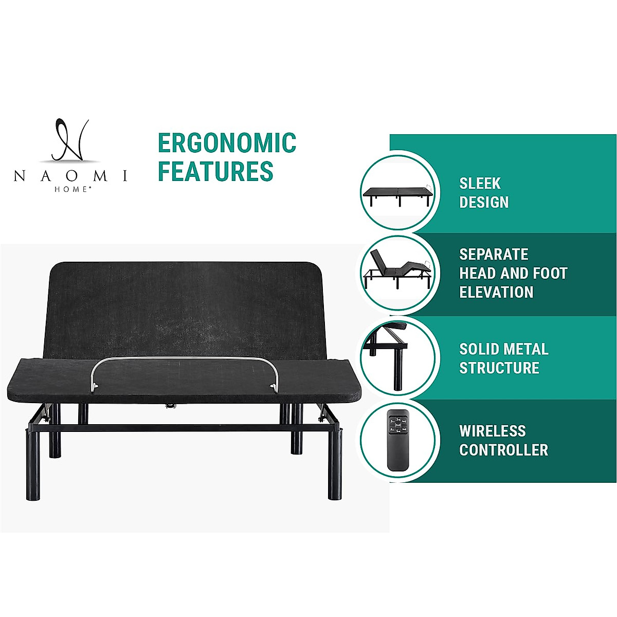 Naomi Home Full Adjustable Base 15" Full Adjustable Bed Frame with Remote Base de Cama Full Size Adjustable Bed Frame Black Full Size Bed with 7 Positions Foldable Electric Adjustable Beds