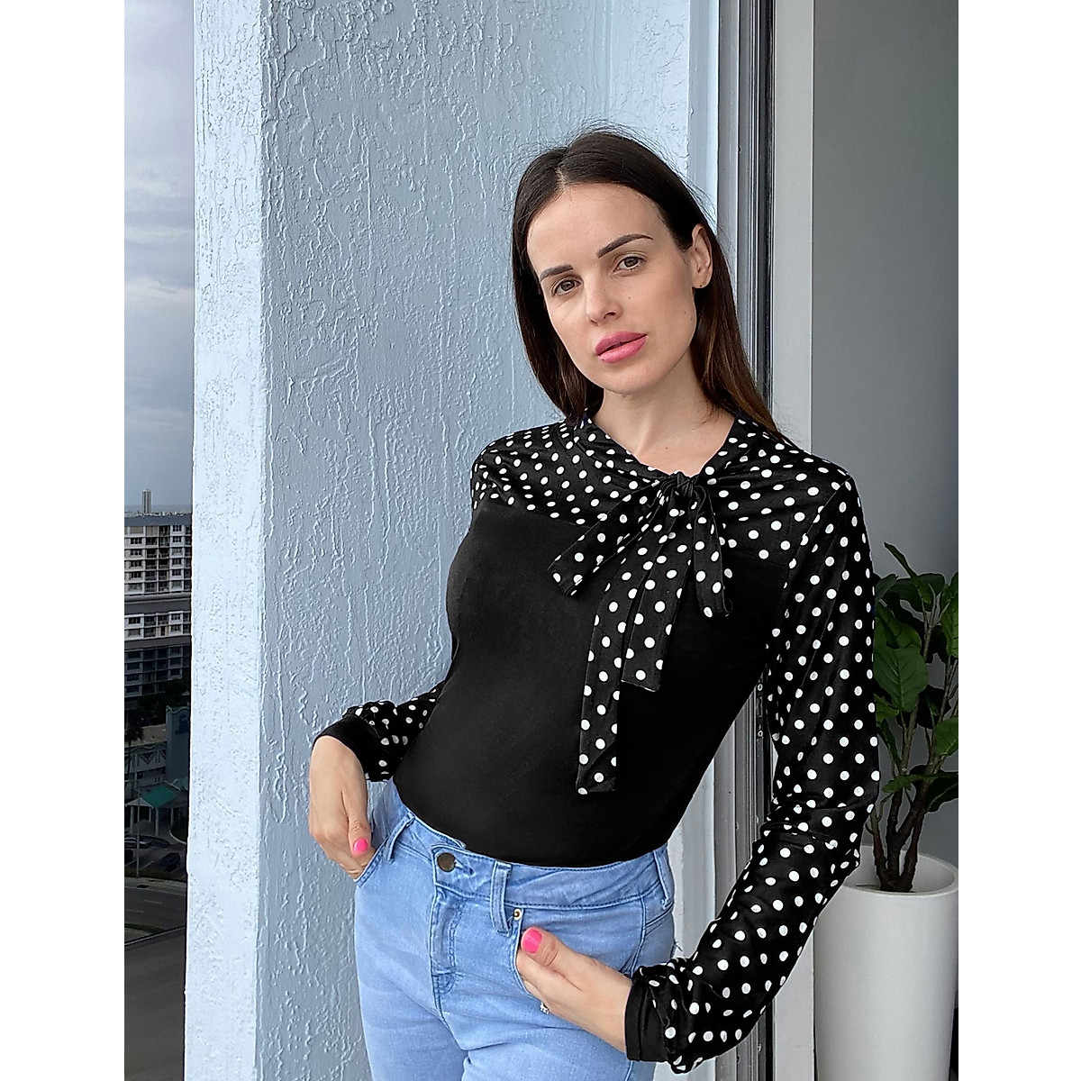 Zeagoo Womens Blouses Sexy Work Tops Bow Tie Blouse Shirt Office, Black Polka Dot, Medium, Lantern Sleeve