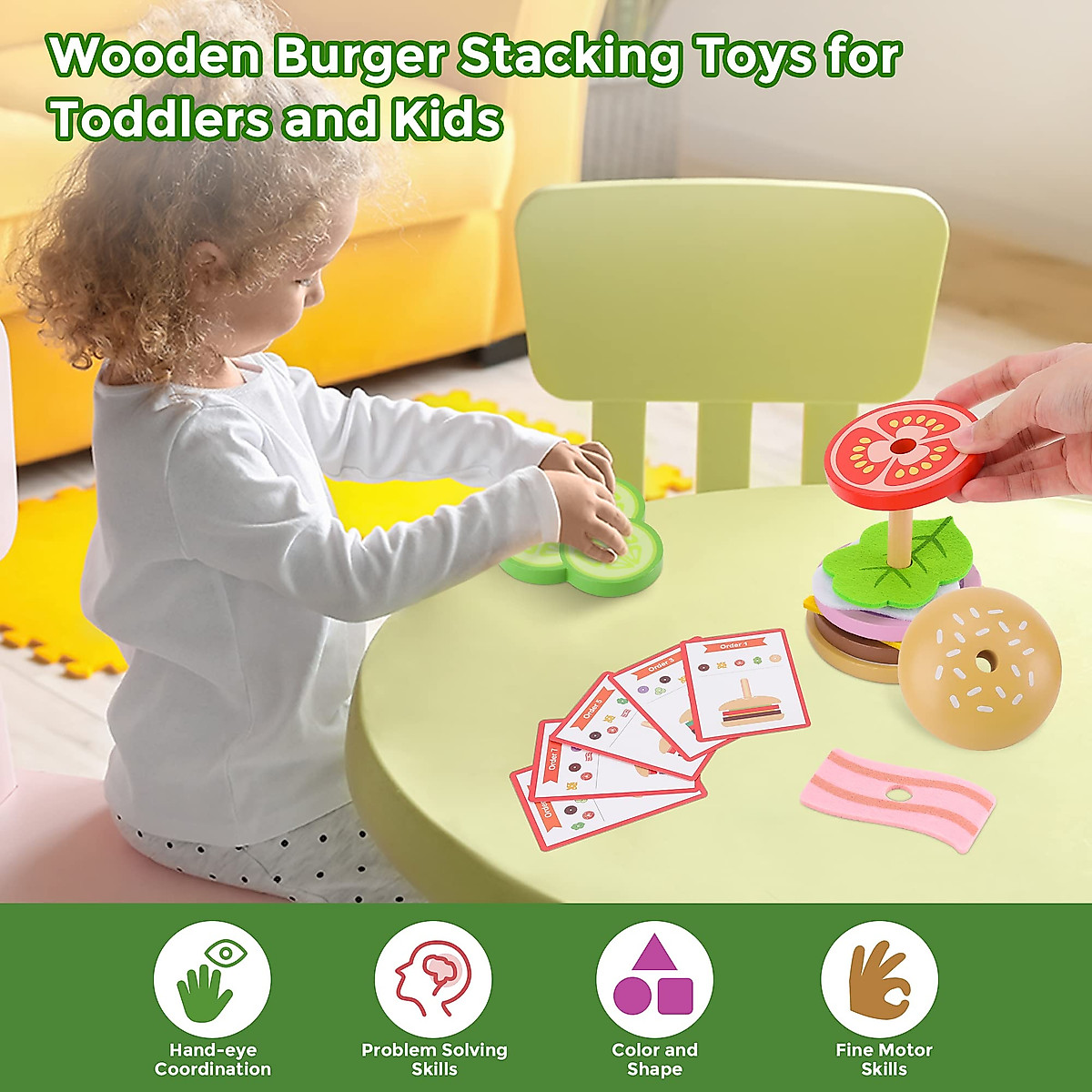 Wooden Montessori Toys for 1 2 3 4 5 Year Old, Stacking Rings Toy & Play Food Toy 2 in 1, Fine Motor Skills Learning Toys for Toddlers Kids - with Order Cards