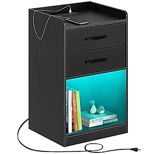 Seventable Nightstand with Charging Station and LED Lights, Modern Night Stand with 2 Drawers and Storage Open Compartment for Bedroom, Black