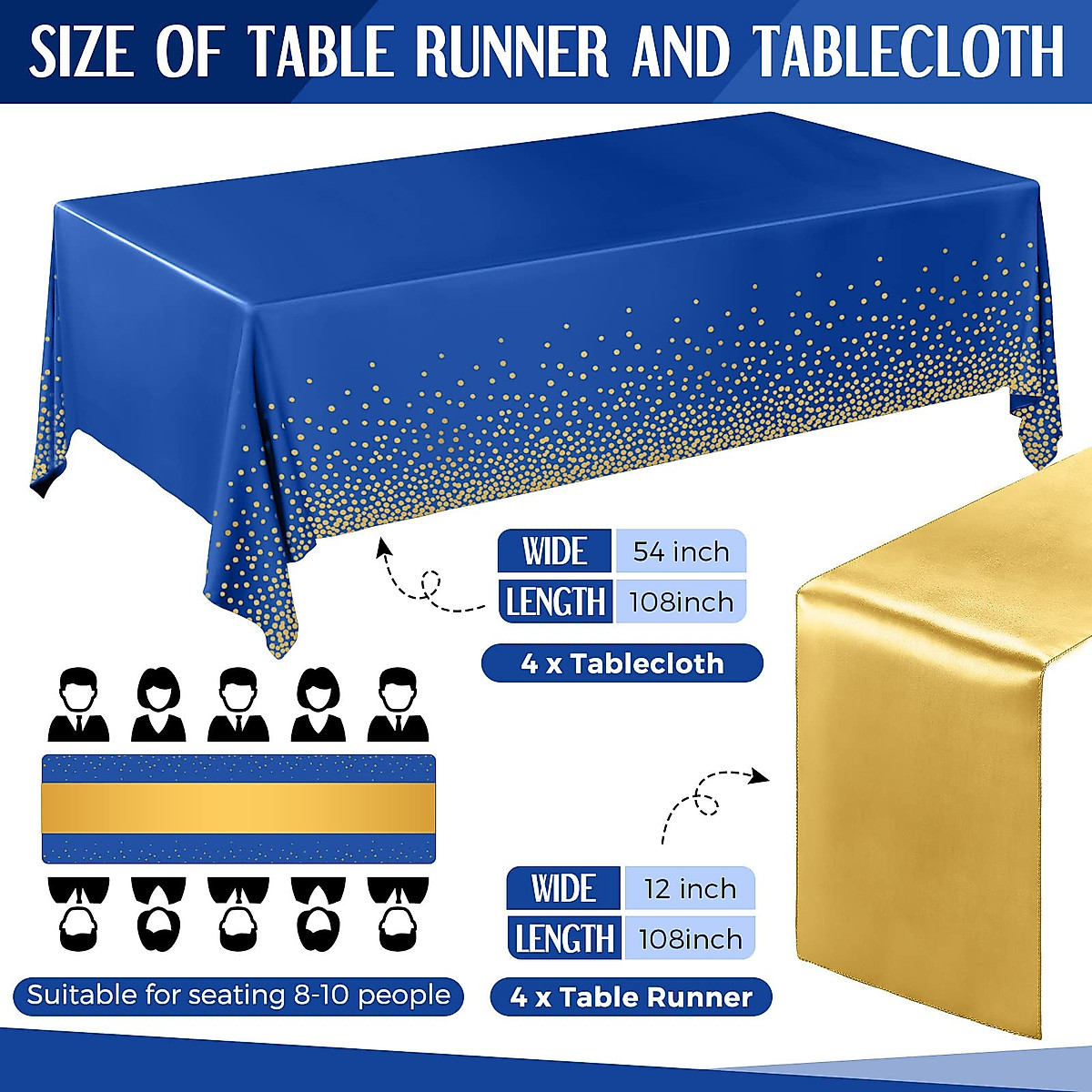 Breling 8 Pack Navy Blue and Gold Disposable Plastic Tablecloths and Satin Table Runner Set, 54 x 108 Inch Tablecloth, 12 x 108 Inch Table Runners for Wedding Graduation Birthday Baby Shower New Year