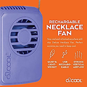 O2COOL Rechargeable Personal Necklace Fan – 3 Speed with Adjustable Lanyard, USB Charger, Purple