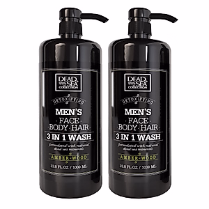 Dead Sea Collection Mens Body Wash 3 in 1 – Amber Wood Body Wash for Men – Shower Gel – Shampoo – Shower Soap for Face and Hair – Pack of 2 Bottles (33.8 Fl. Oz. Each)