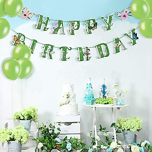 SUNBEAUTY Spring Happy Birthday Banner Green Spring Butterfly Flowers Banner Summer Spring Butterfly Birthday Party Decorations | Pre-Strung