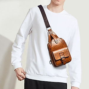 CUICANSHANG Small Men's Crossbody Bag, Men's Chest Bag, Retro PU Leather Shoulder Crossbody Bag, Hiking And Leisure Cycling Travel Backpack (Light Brown)