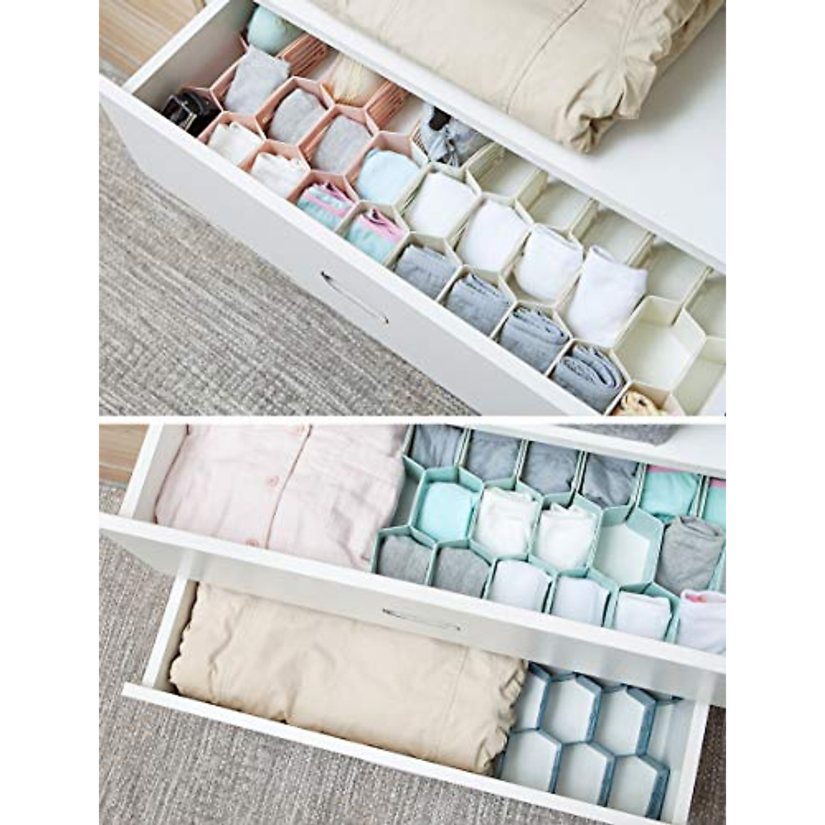 COOLFUNLIFE Plastic Partition Honeycomb Shape Drawer Dividers, Underwear Socks Bras Ties Belts Scarves, Bee Style Household Closet Storage Cabinet Clapboard DIY Drawer Organizer Divider - White