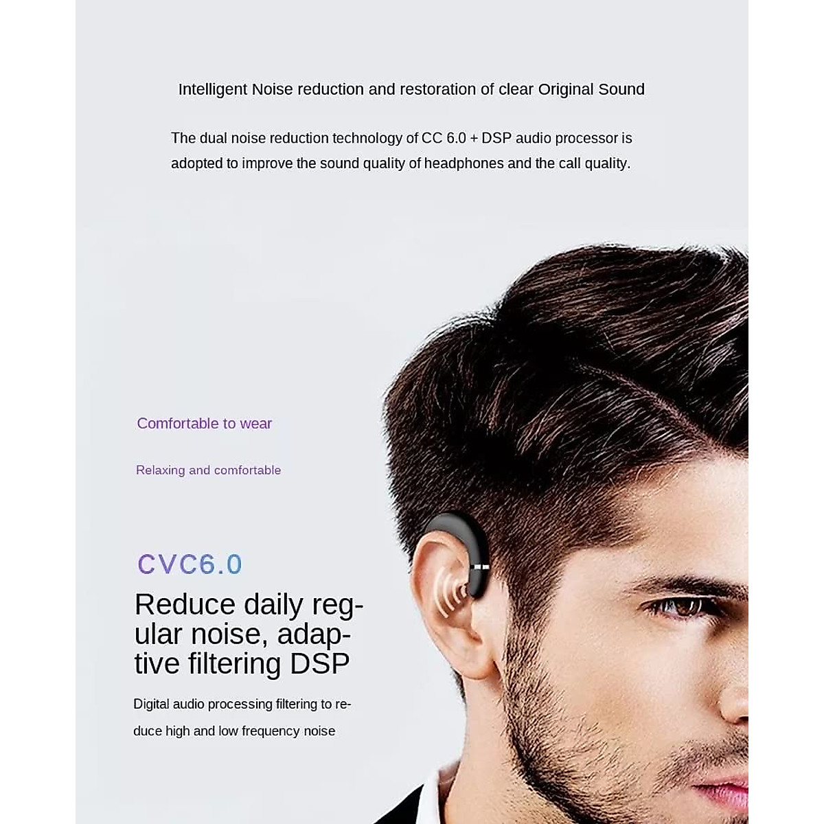 Bone Conduction Ear Hook Comfort Wear with Microphone Lightweight Compatible with iPhone & Android. Grey