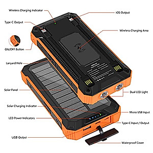 Solar Charger 30000mAh Qi Wireless Solar Power Bank Built in 2 Cables Portable Charger with LED Flashlight for iOS/Android Cell Phone Tablet and Outdoor Camping for Cell Phone