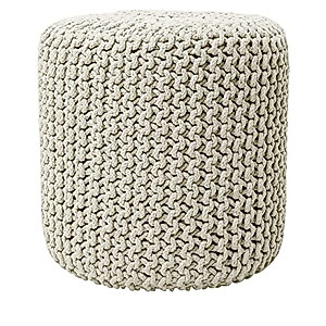 REDEARTH Cylindrical Hand Knitted Pouf - Foot Stool Ottoman - Cord Boho Pouffe - Cotton Round Poof for Home Decor - Living Room - Nursery - Bedroom - Patio (16" x 16" x 16") - Ivory
