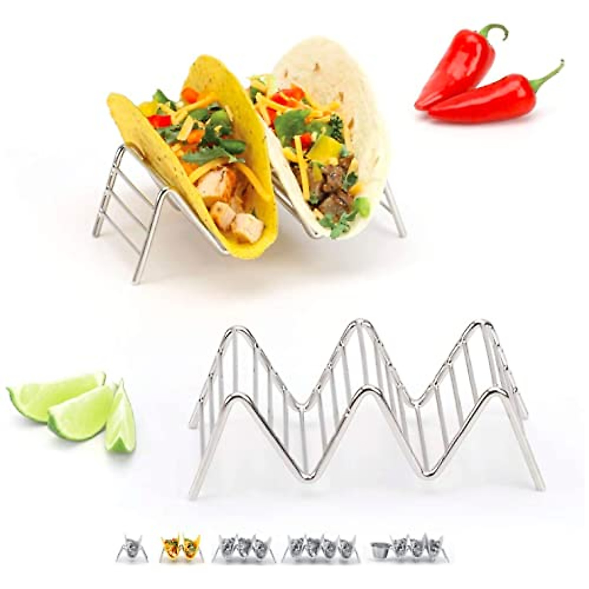 Taco Holders Set of 2 Premium Stainless Steel Stackable Stands, Each Rack Holds 2 or 3 Hard or Soft Tacos, Five Styles Available By 2lbDepot