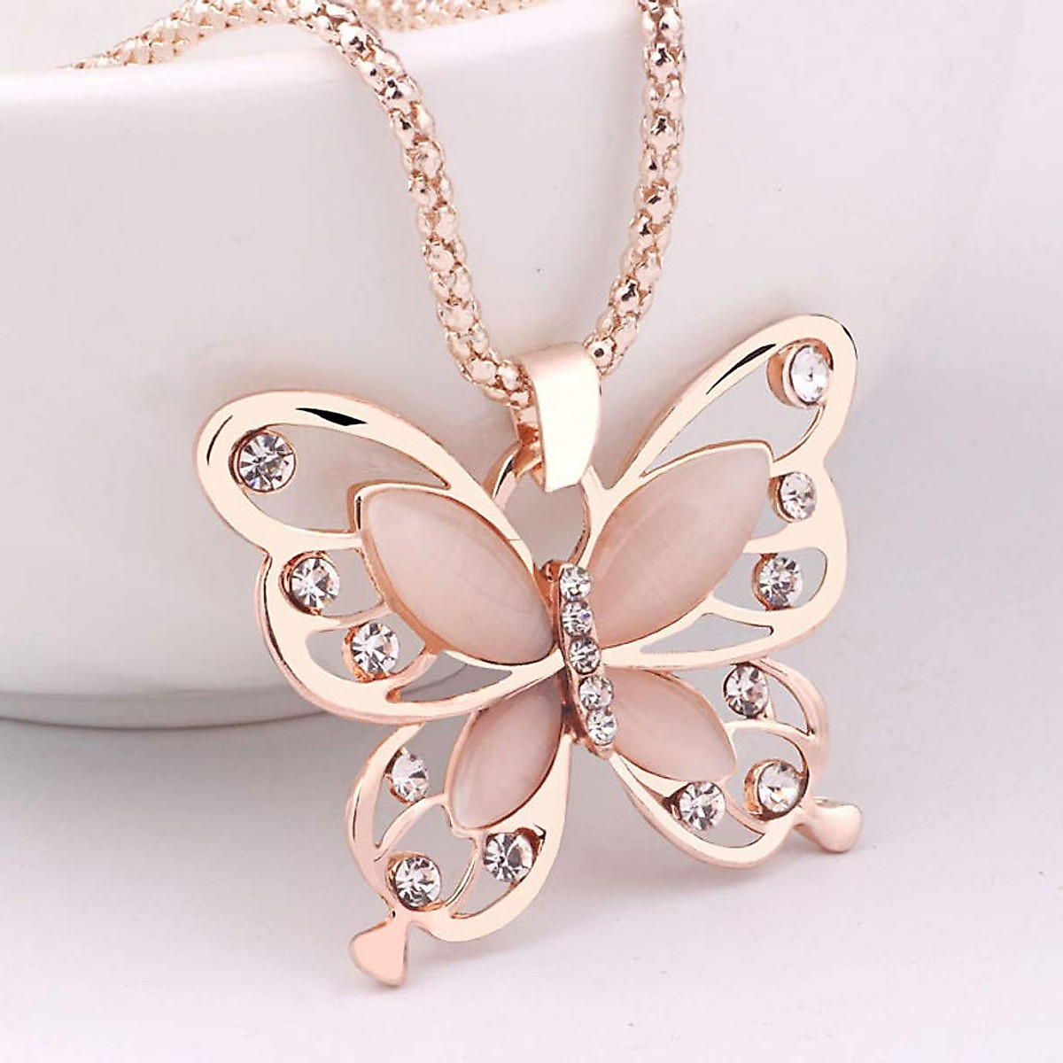 Lutos Charm Iced Out Butterfly Crystal Pendant Long Chain Necklace Hollow Statement Jewelry for Women and Girls Gift Gold