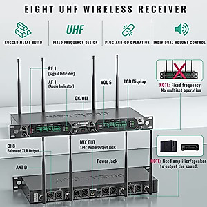 Phenyx Pro Wireless Microphone System, 8-Channel UHF Cordless Mic with Metal Handheld Wireless Mics, Fixed Frequency Dynamic Microphone for Karaoke,Church,Singing,DJ,260ft Range (PTU-4000-8H)