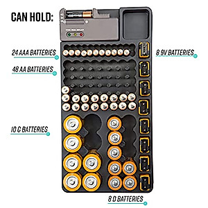 Wall Mounted Battery Organizer with Built-in Tester | Dimensions: 13.8" x 6.9" x 1.7" | Holds 98 Batteries | Wall Mounted | Battery Tester