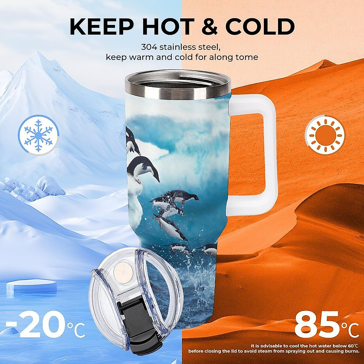 Niapessel Leak Proof Tumbler, Insulated Water Bottles with Straw, Penguin Group Into Ocean Insulated Cup with Handle 40 Oz Stainless Steel Flask for School, Travel, Car, Sports, Work