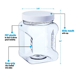 Consolidated Plastics 41657 Wide-Mouth PET Grip Jar with Lid, 32 oz, Clear, 12 Piece
