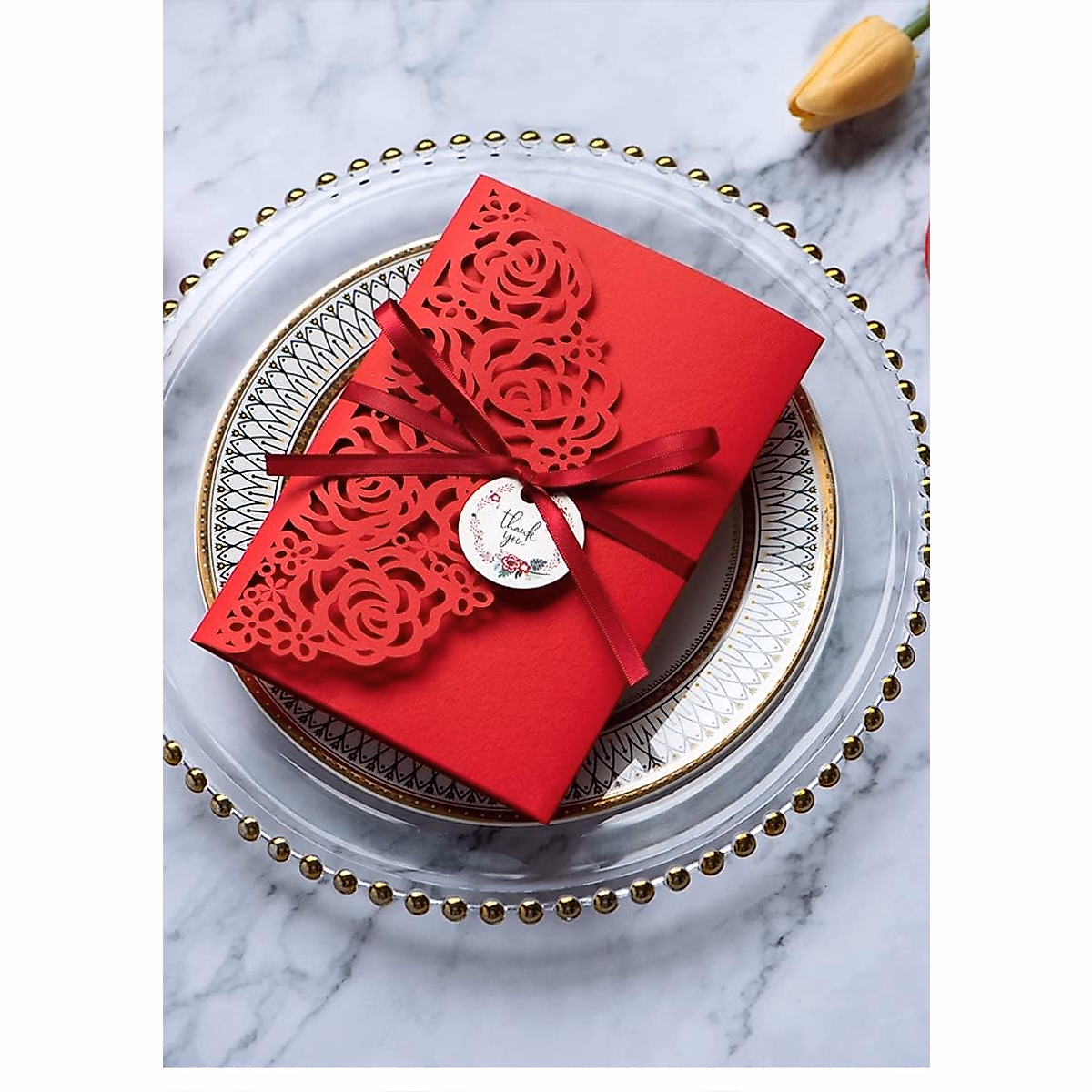 Cylallen 20sets 4.9x 7 inch Rose Laser Cut Wedding Invitation Jacket Pocket for Quinceanera Bridal Shower Baby Shower Party Dinner Invite (Red)