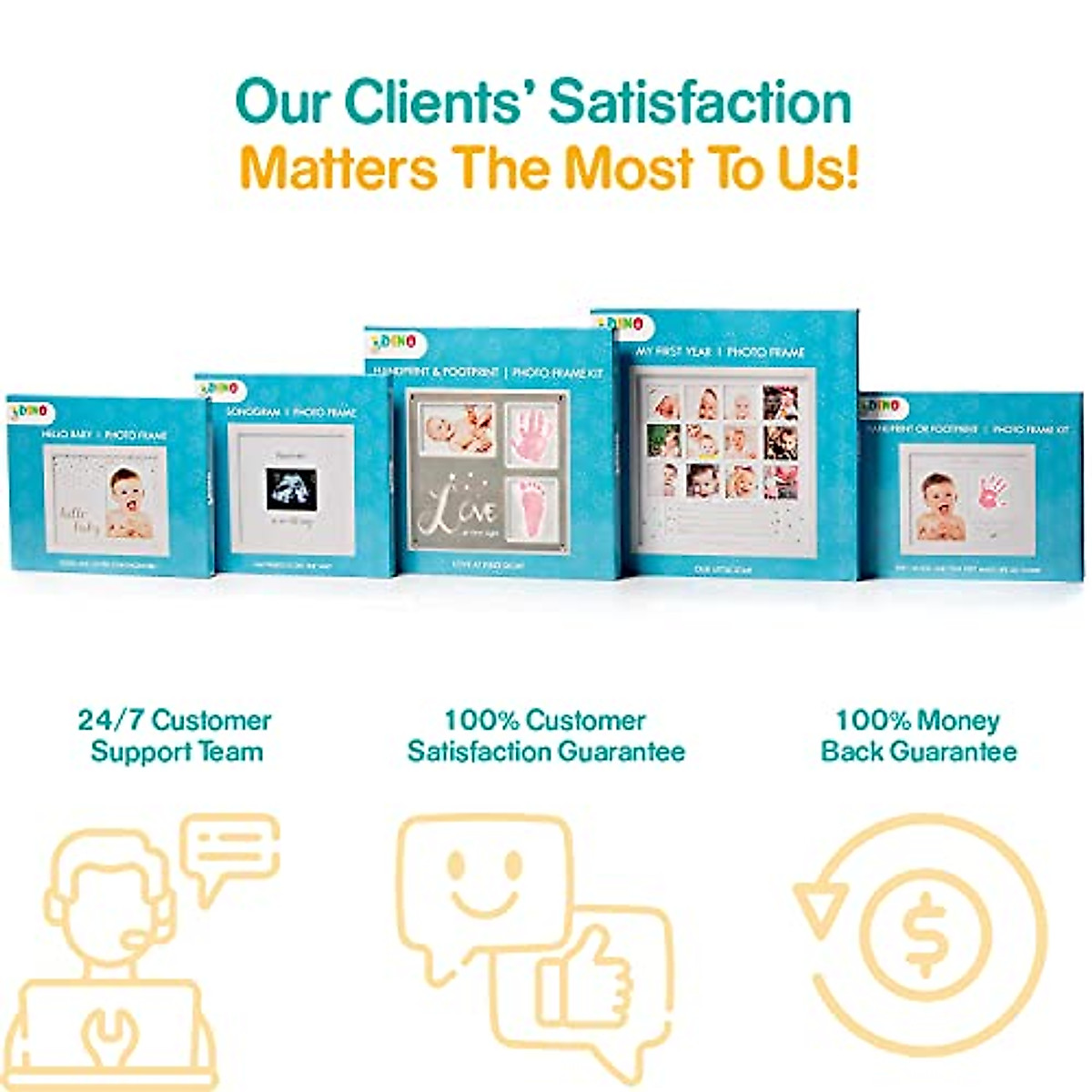 1Dino Premium Baby Handprint and Footprint Kit - 12.6” x 12.2" White/Grey Wood Picture Frame - Includes 2X Clean Touch Ink Pad Pink for Baby Hand and Footprints - Registry for Baby, Baby Shower Gifts