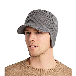 Koreshion Men's Winter Visor Beanie Hat with Earflaps Knit Baseball Cap with Brim Ski Hat Warm Fleece Lined Hunting Hat Grey