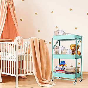 Todeco 3 Tier Foldable Plastic Rolling Storage Utility or Kitchen Cart ,Folding Mobile Trolley Storage Organizer with Wheels for Office Bathroom Bedroom,Free Assembly,Green