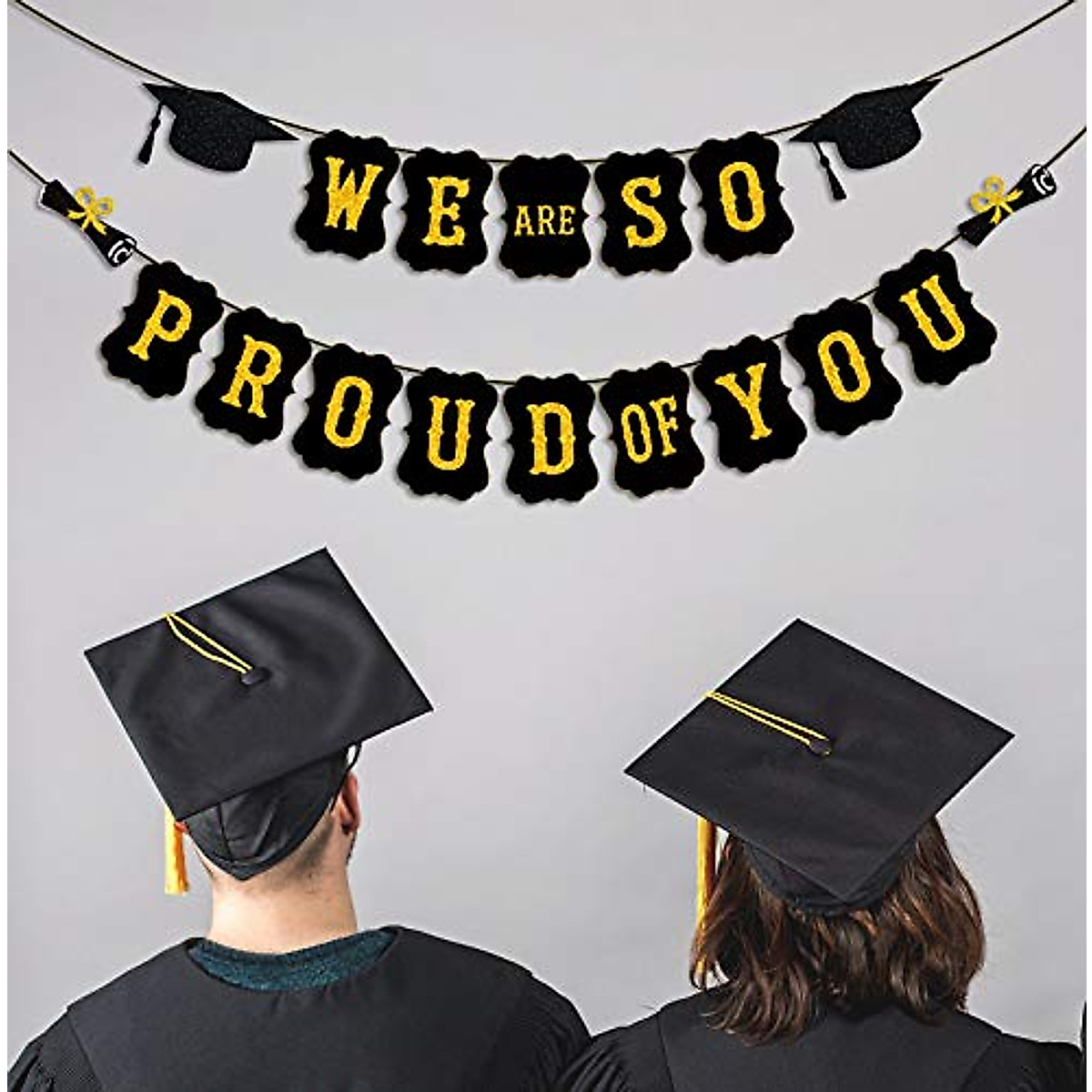 PTFNY We Are So Proud Of You Banner Black Gold Glittery Graduation Bunting Banner Garland with Graduation Cap and Diploma Signs for 2022 Graduation Party Decorations High School College Grad Party Supplies